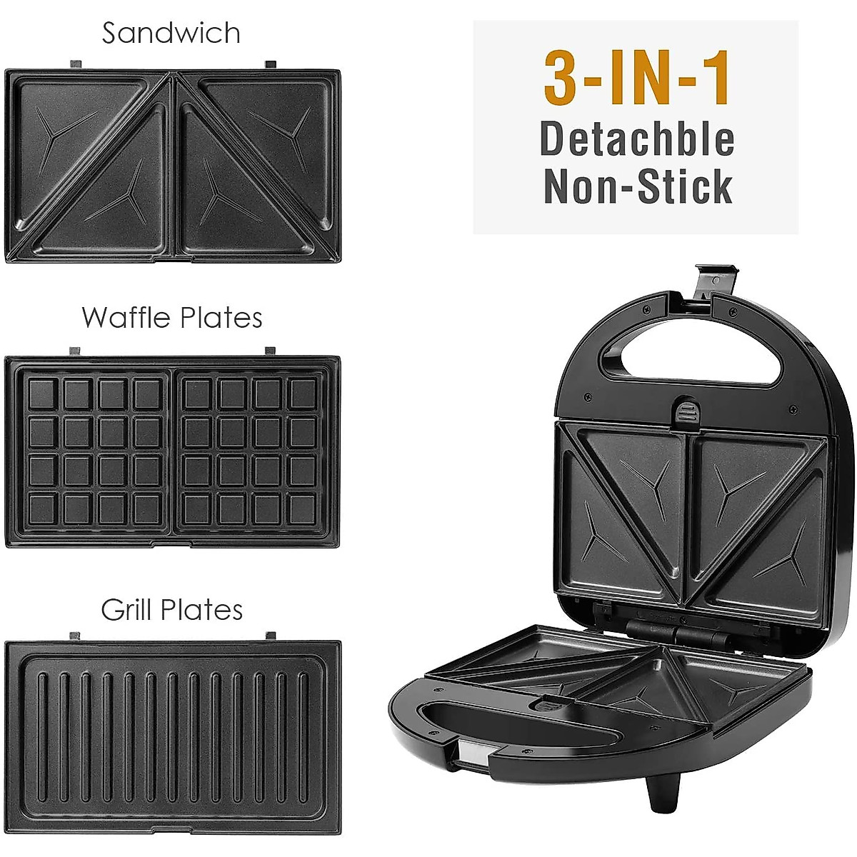 Sandwich Maker, 3 in 1 Waffle Maker, Grill, 750W, LED Indicator Lights, Cool Touch Handle, Anti-Skid Feet, Detachable Non-stick Coating, Easy to Clean,Black.