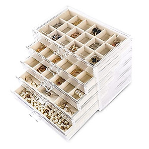 Frebeauty Acrylic Jewelry Organizer,Earring Organizer Box with 5 Drawers Clear Jewelry Box with Velvet Trays for Women,Stackable Earring Display Holder for Rings Studs and Bracelets(Beige)