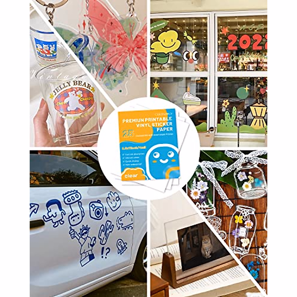 Sticker Paper Clear Printable Vinyl for Inkjet Printer-25 Transparent Dry-Quick Sheets of 8.5’’x11’’ Decals and Labels Self-Adhesive Non-Waterproof Papers Tear Resistance Bright Color for DIY