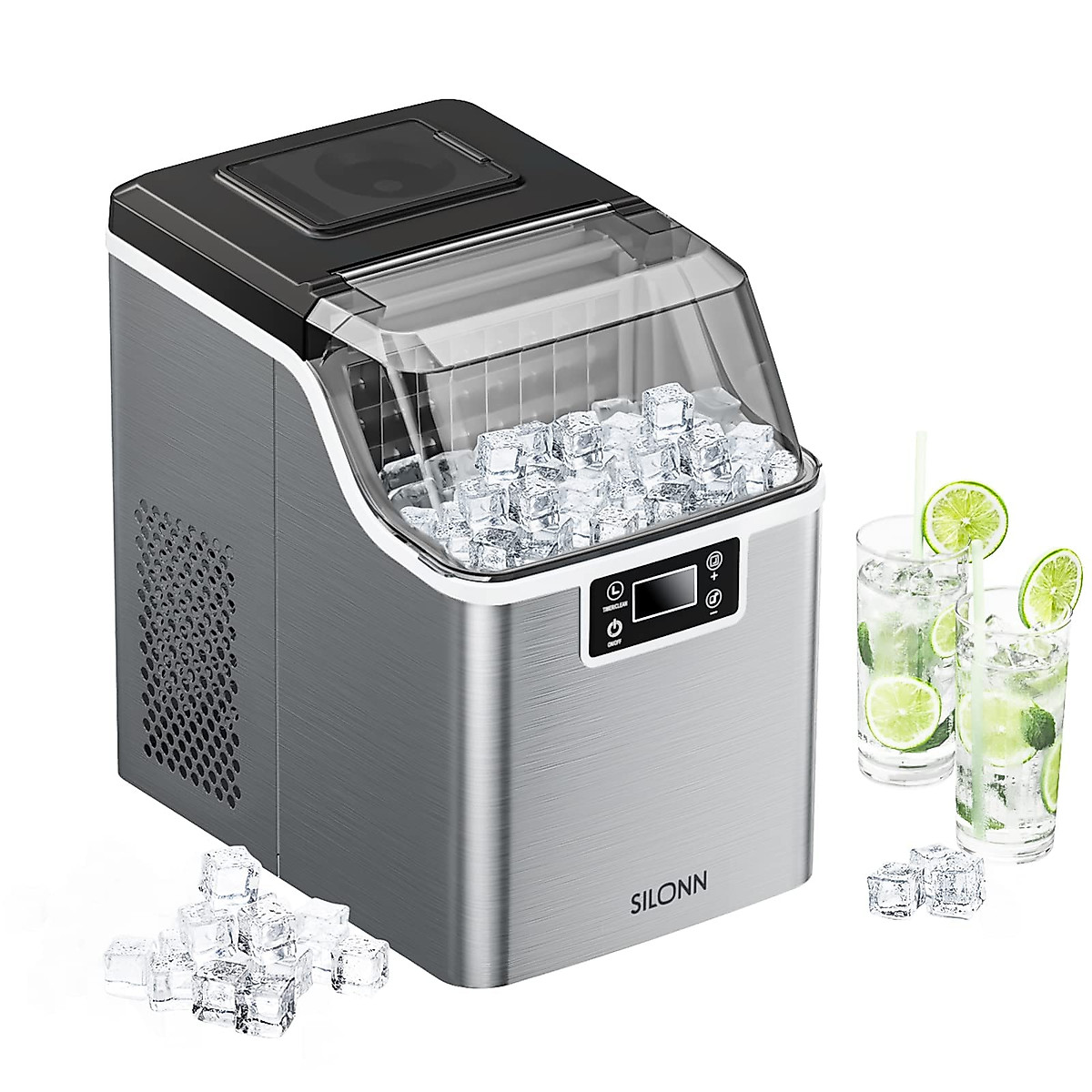 Silonn Ice Makers Countertop - 24Pcs Ice Cubes in 13 Min, 45lbs Per Day, 2 Ways to Add Water, Auto Self-Cleaning, Stainless Steel Ice Machine for Home Office Bar Party