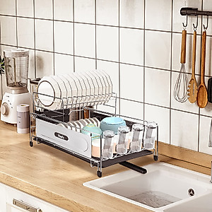 Hasfu Large Dish Drying Rack with Drainboard Set, 2 Tier Stainless Steel Dish Racks for Kitchen Counter, with Drainboard, Utensil Holder, Glass Holder,Silicone Anti-Skid Support (Black)