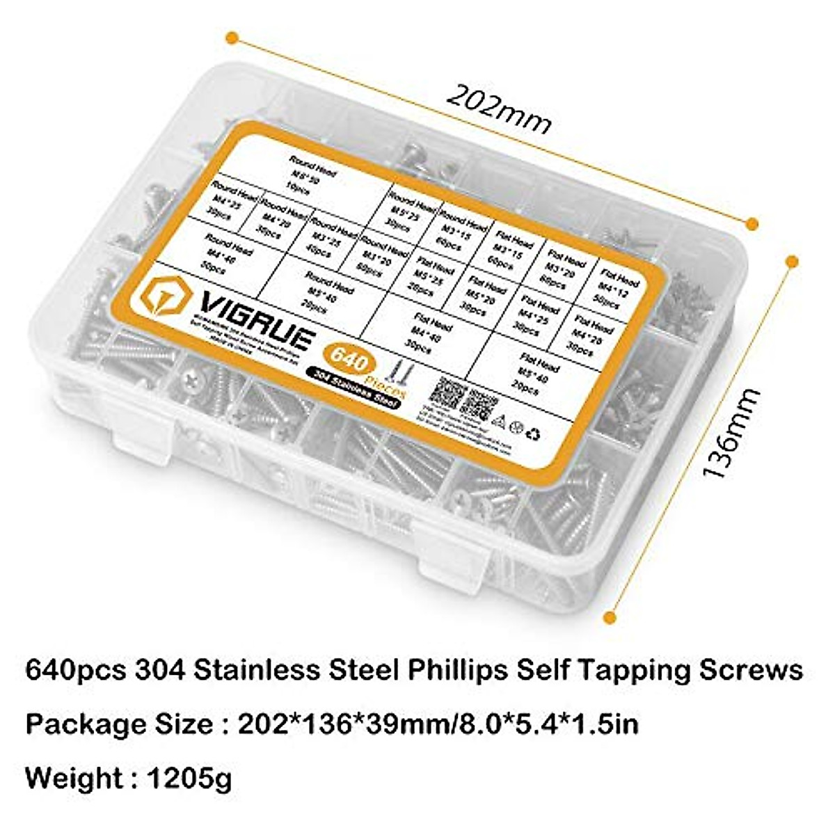 VIGRUE 640PCS M3/M4/M5/M6 Phillips Drive Wood Screw Assortment Kit, 304 Stainless Steel Self Tapping Screws Assortment Set (Round Head and Flat Head)