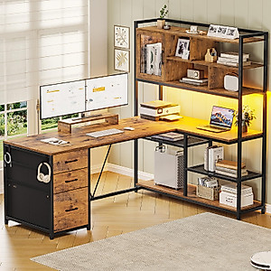 SEDETA L Shaped Computer Desk, 58'' Office Desk with 3 Drawers and Bookshelf, L Shaped Corner Desk with Storage Shelves and LED Light for Home Office, Gaming Desk, L Desk, Rustic Brown