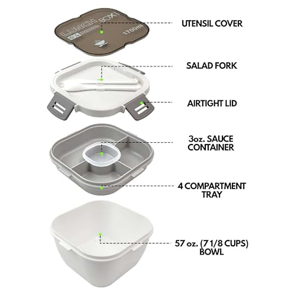 FORZAROCKET Bento Box 57-Oz With 3-Oz Leak Proof Salad Dressing Container For Lunch 4 Compartment Lunch Containers And Salad Bowl With Lid Lunch Spork And Knife Bpa Free (Blue Yellow)