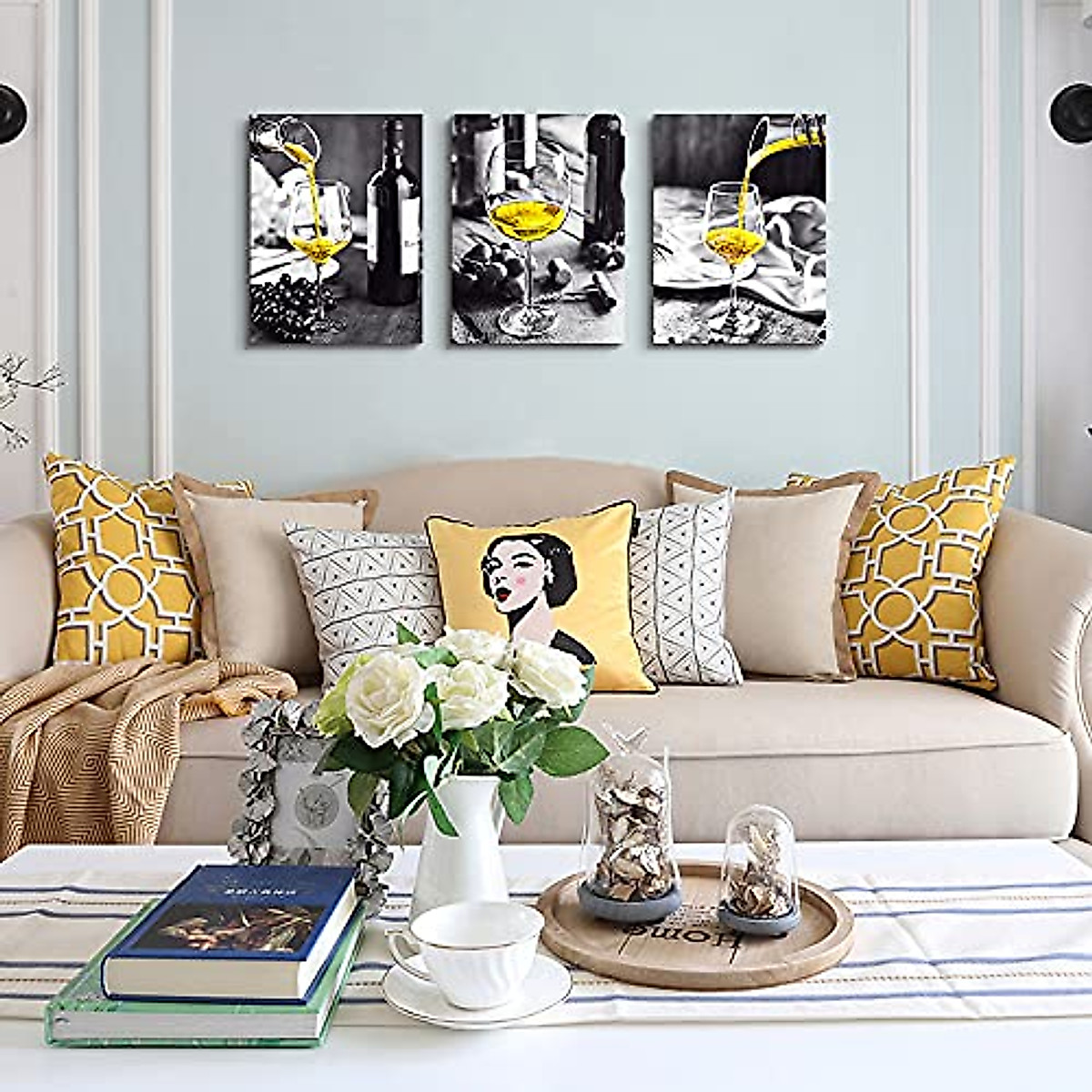 Wall Decor For Dining Room Canvas Wall Art For Kitchen Black And White Wine Glasses Pictures Modern Yellow Wine Canvas Art Prints Ready To Wall Painting For Restaurant Home Decorations 12"X16" 3 Piece