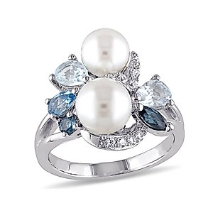 White Freshwater Cultured Pearl with London, Swiss and Sky Blue Topaz and Created White Sapphire Ring In Sterling Silver