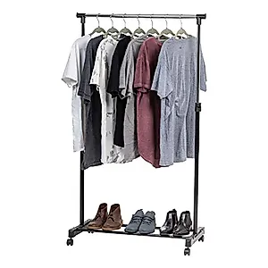 IRIS USA Portable Single-Rod Height Adjustable Clothes Rack with Lockable Wheels, Rolling Garment, Sigle Rod Wardrobe Rack, Easy Assemble, for Clothes, Belts, Shoes, and Bags