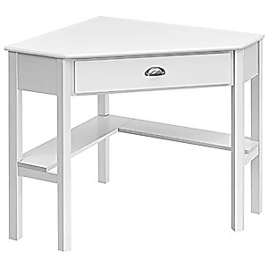 Tangkula White Corner Desk, Corner Computer Desk with Drawer for Small Space, Small Corner Makeup Vanity Desk, 90 Degrees Triangle Corner Desk with Storage Shelves