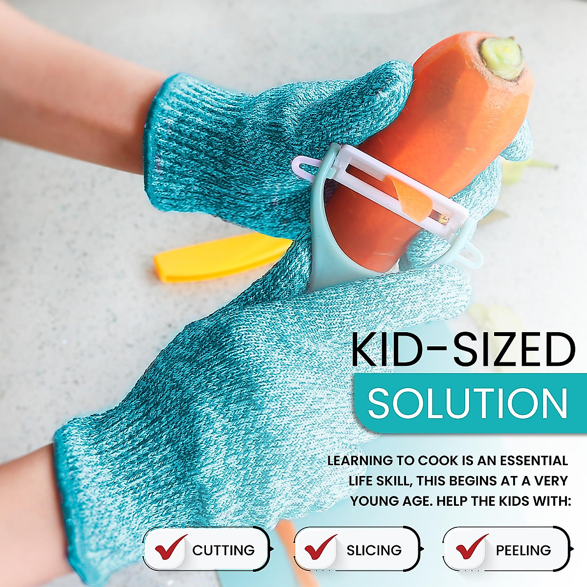 TruChef Kids Cut Resistant Gloves (Ages 4-8) - Aqua - Maximum Kids Cooking Protection| Safe hands from Real Kitchen Knives and Tools