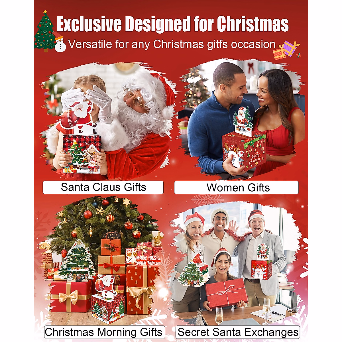 Thosefun Christmas Party Favors Money Box for Cash Gift Pull, THOSEFUN Surprise Box Gift Box for Money with 50 Bags, Money Gift Boxes for Cash Gift Ideas for Women Kids Girls Boys (Santa Tree)