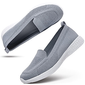ZZS Womens Slip On Walking Shoes Lightweight Breathable Casual Low-Top Flats Memory Foam Mesh Loafers Soft Mesh Knit Comfortable Shoes,Light Grey 8