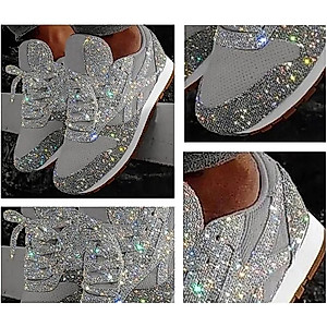 Glitter Tennis Sneakers for Women's Fashion Slip On Lace Up Sport Shoes Ladies Comfy Crystal Bling Sparkly Breathable Lightweight Walking Dress Shoes Orthotic Flat Heel Sneakers (Color : Dark Blue,