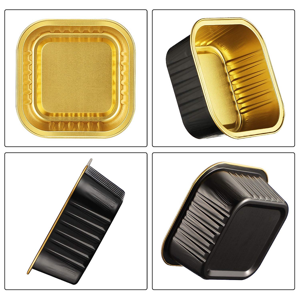 EUSOAR Cupcake Liners with lids, 5oz 50pcs Square Disposable Desserts Flan, Baking Cups with Lids, Aluminum Foil Cupcake Flan, Muffin Liners, Custard Cake Cups, Catering Gathering Favor-Black Gold