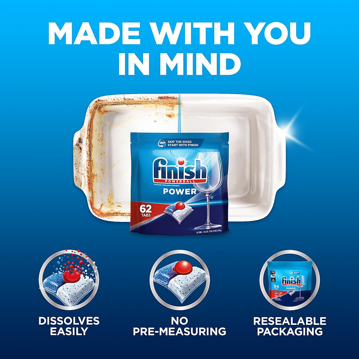 Finish Power Dishwasher Pods, No Pre-Rinse Dishwasher Detergent Soap For Deep Clean & Shine with Degreasing Power, 62 Count