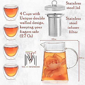 Mixpresso 5 Piece Glass Tea Pot Set, Kettle with Removable Infuser, Clear Glass Teapot 33oz With 4 Double Wall Cups 2.7oz Stovetop Safe Teapot For Loose Leaf Tea, Perfct As Tea Gift Sets.