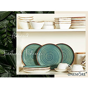 ONEMORE Ceramic Dinner Plates Set of 6, 8.5 inch Small Stoneware Plates for Appetizer, Salad and Dessert. Oven, Microwave and Dishwasher Safe Plate, Stackable, Rustic Kitchen Porcelain Dish, Teal