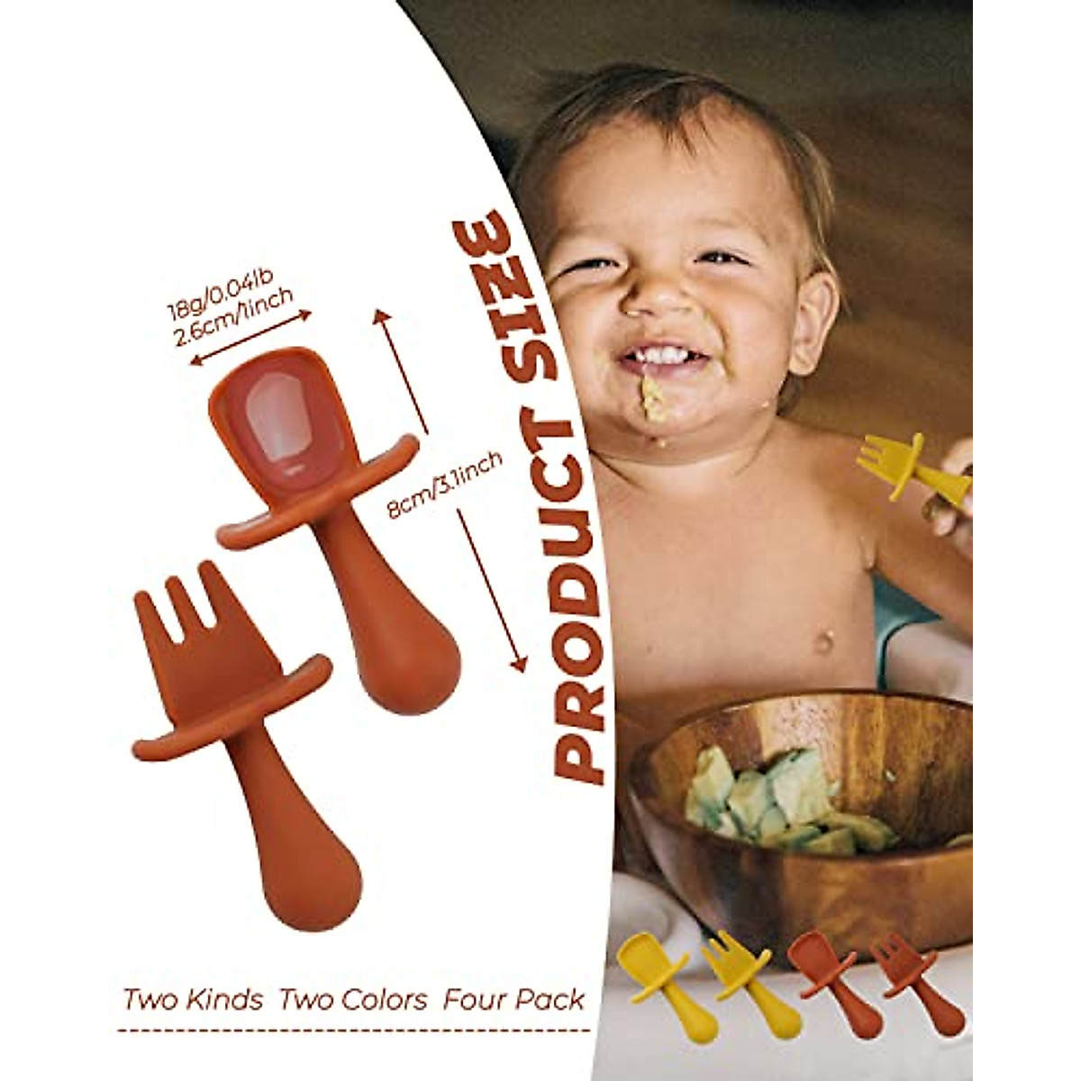 4 Pcs Baby Spoons Self Feeding 6 Months, Silicone Baby Spoons First Stage, Toddler Utensils for Baby Led Weaning with 2 Cases (Caramel, Tumeric)