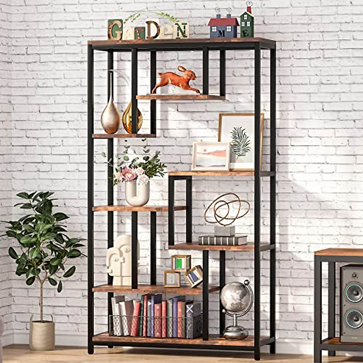 LITTLE TREE 70.8 Inches Tall Bookshelf, Industrial Bookcase for Home Office, Rustic Brown 8-Shelves Wood and Metal Frame Display Shelf Open Storage Organizer Shelves