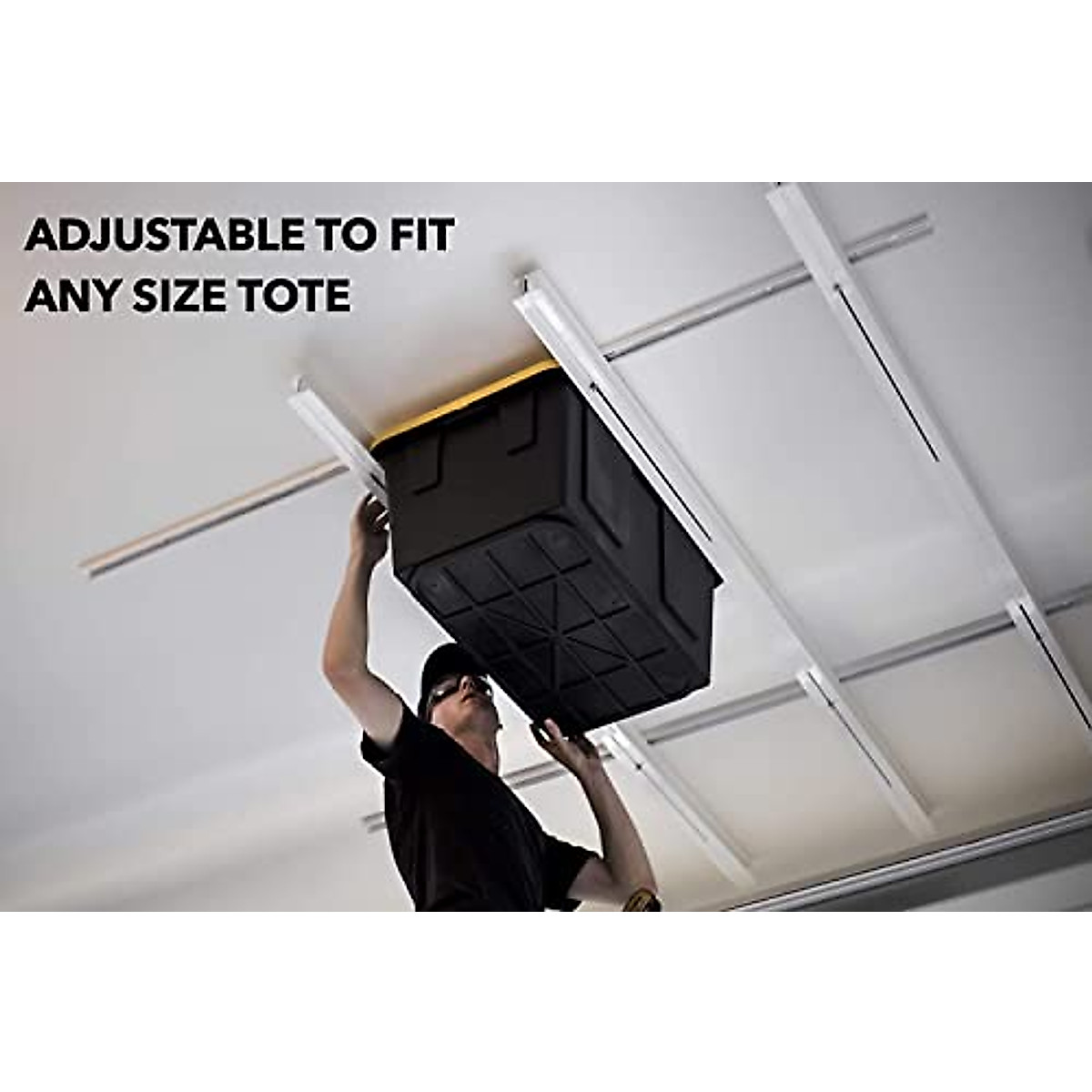 E-Z Garage Storage Alloy Steel Tote Slide PRO Overhead Garage Storage Rack - Organize Up to 15 Storage Tote Container Bins on The Ceiling, 88" x 80" x 3.5", White