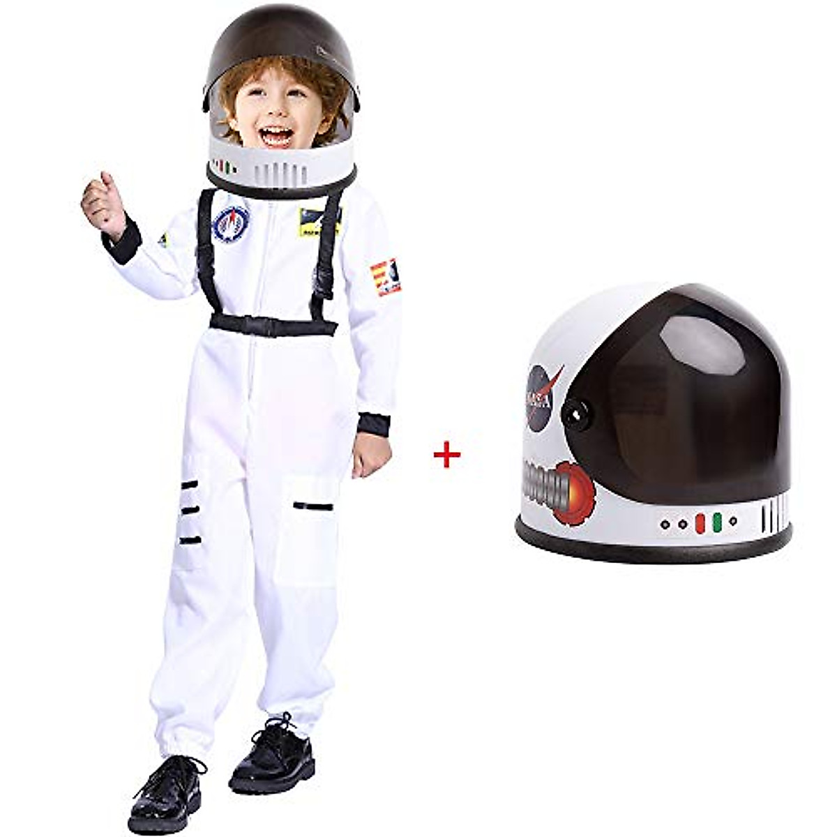 eccbox Kids Astronaut Costume Space Suit Role Play Dress Up with Movable Visor Helmet (White Costume with Helmet, 7-8)