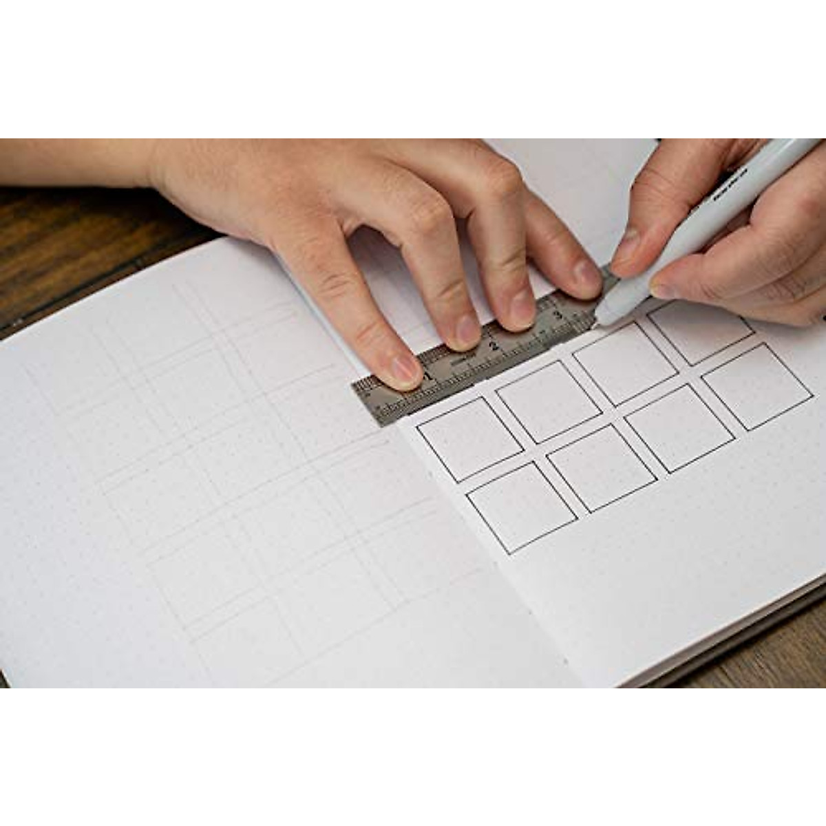 A5 bullet dotted journal dot grid notebook 180 pages 3 x page markers 120 GSM extra-thick paper stainless steel ruler page numbers pen holder in spine 4 dedicated index pages 8 perforated pages