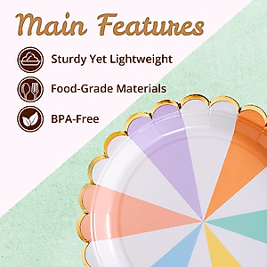 Confettiville Party Paper Plates, 50-Pack, Disposable Paper Plates, Gold Foil Scalloped Edge, Striped Pastel, 9-Inch