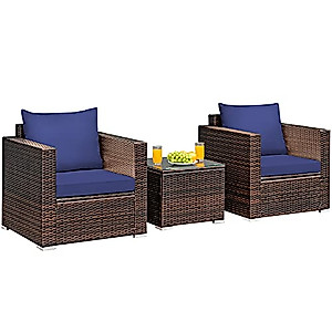 Tangkula 3 Pieces Patio Furniture Set, Outdoor Conversation Rattan Furniture Set w/Washable Cushion and Tempered Glass Tabletop, PE Rattan Wicker Sofa Set for Garden Poolside Balcony (Navy Blue)