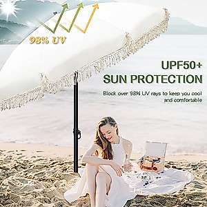 FULLSUN PARASOL Patio Umbrellas with Fringe, 6.5ft Beach Umbrella Outdoor Heavy Duty Wind Portable, UV 50+ Boho Parasol with Sand Anchor & Carry Bag for Garden Pool Backyard