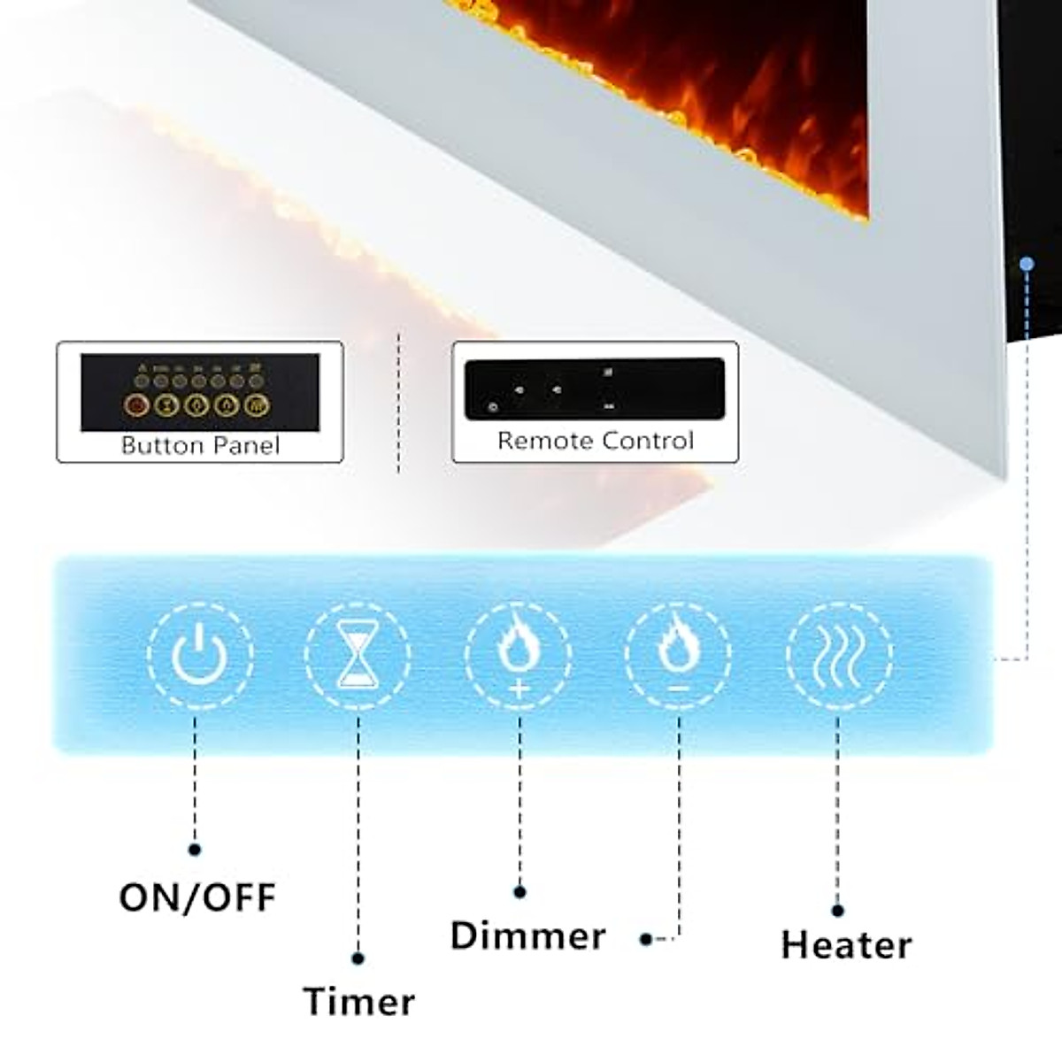 Amerlife 50" Electric Fireplace Wall-Mounted, Fireplace Heater with Timer, Remote Control, Adjustable Flame Brightness, Log Set & Crystal Options, White