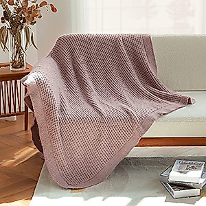 Amélie Home Soft Cozy Waffle Knit Throw Blanket with Ruffled Fringe, Decorative Lightweight Knitted Throw Blankets for Couch Bed Sofa (Misty Rose, 50'' x 60'')