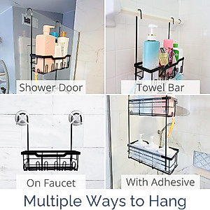 Hanging Shower Caddy Over Door - 304 Rust-proof Stainless Steel Shower Hanging Caddy with Rotatable Hooks and Adhesives for Bathroom Essentials, Equipped with Rotateable Hooks and extra Adhesives