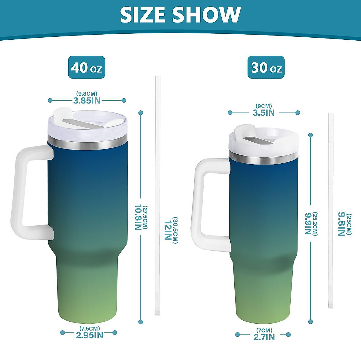 MCHIVER Blue Green Gradient 30 oz Tumbler with Handle and Straw Stainless Steel Vacuum Water Bottle Leak-proof Travel Coffee Mug Insulated Tumbler with Lid