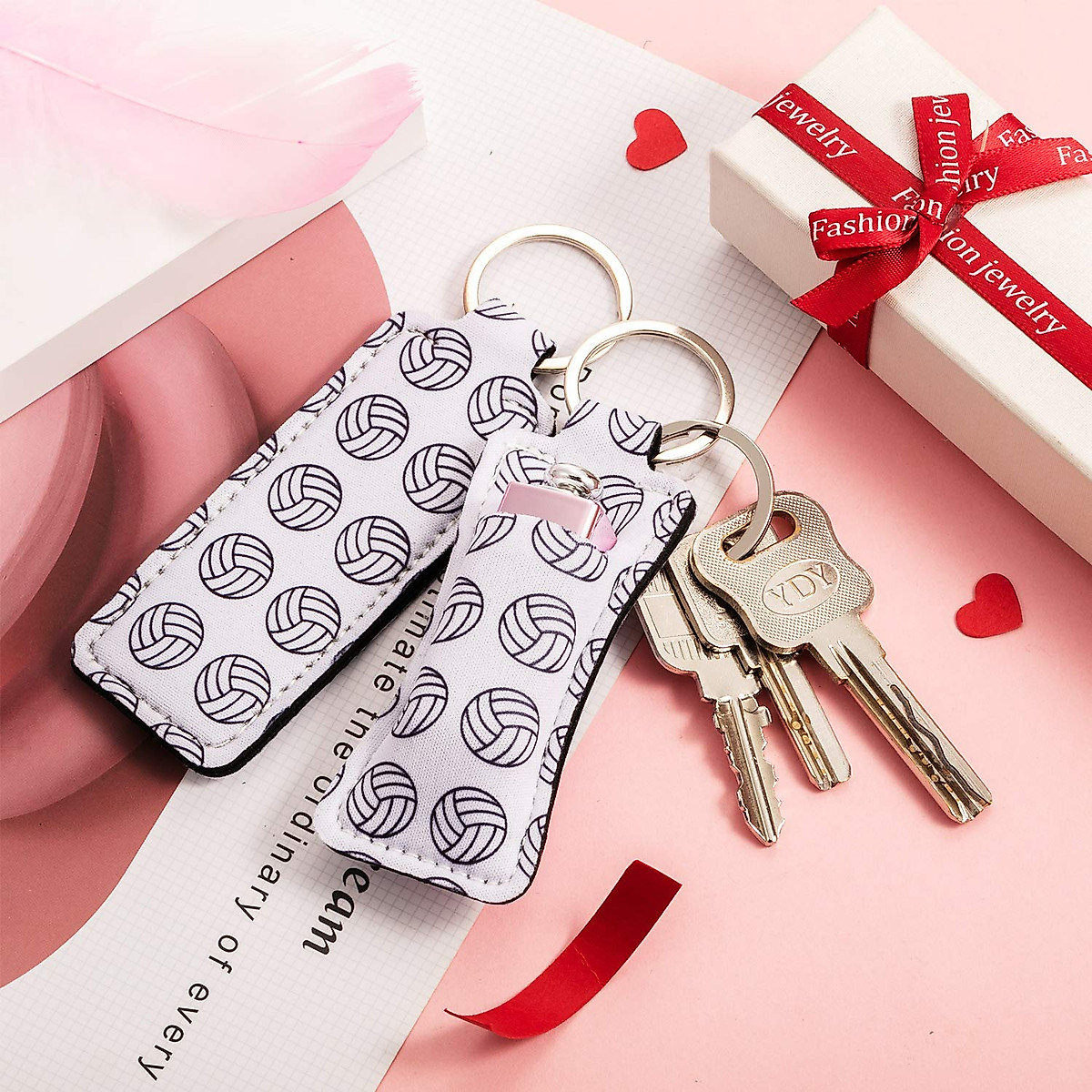 16 Pieces Volleyball Lipstick Holder Keychains Volleyball Lipstick Balm Holder Keychain Clip-on Lipstick Sleeve Pouch with 16 Pieces Metal Clip Cords for Lipstick Tracker