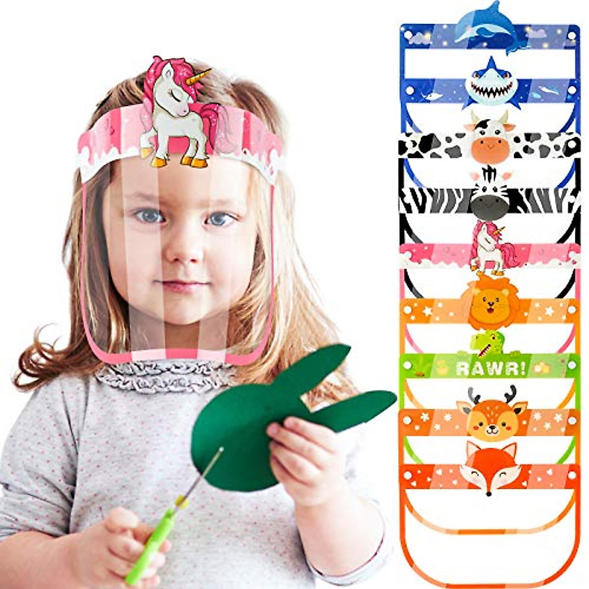 9-Pack Kids' Safety Face Shields Fully Wrap-Around Protection Breathable Covering Clear Visor Cartoon Animals Reusable Lightweight High-Transparency Elastic Headband Pad Comfortable Fit for Boys Girls