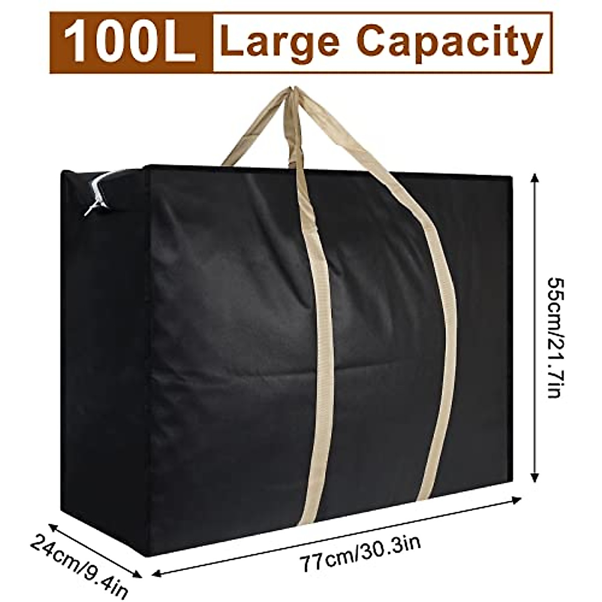 100L Large Storage Bag(3 Pack,Black),Large Moving Bags with Zippers & Carrying Handles, Storage Bags Storage Totes for Clothes, House Moving,77×55×24cm