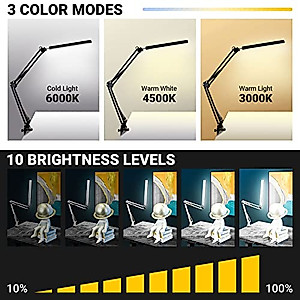 LED Desk Lamp with Clamp Swing Arm Desk lamp 360° Adjustable Eye-Caring Desk Light 3 Color Modes 10 Brightness Levels Memory Function Architect Table Desk Lamps for Home Office,Reading,12W Black