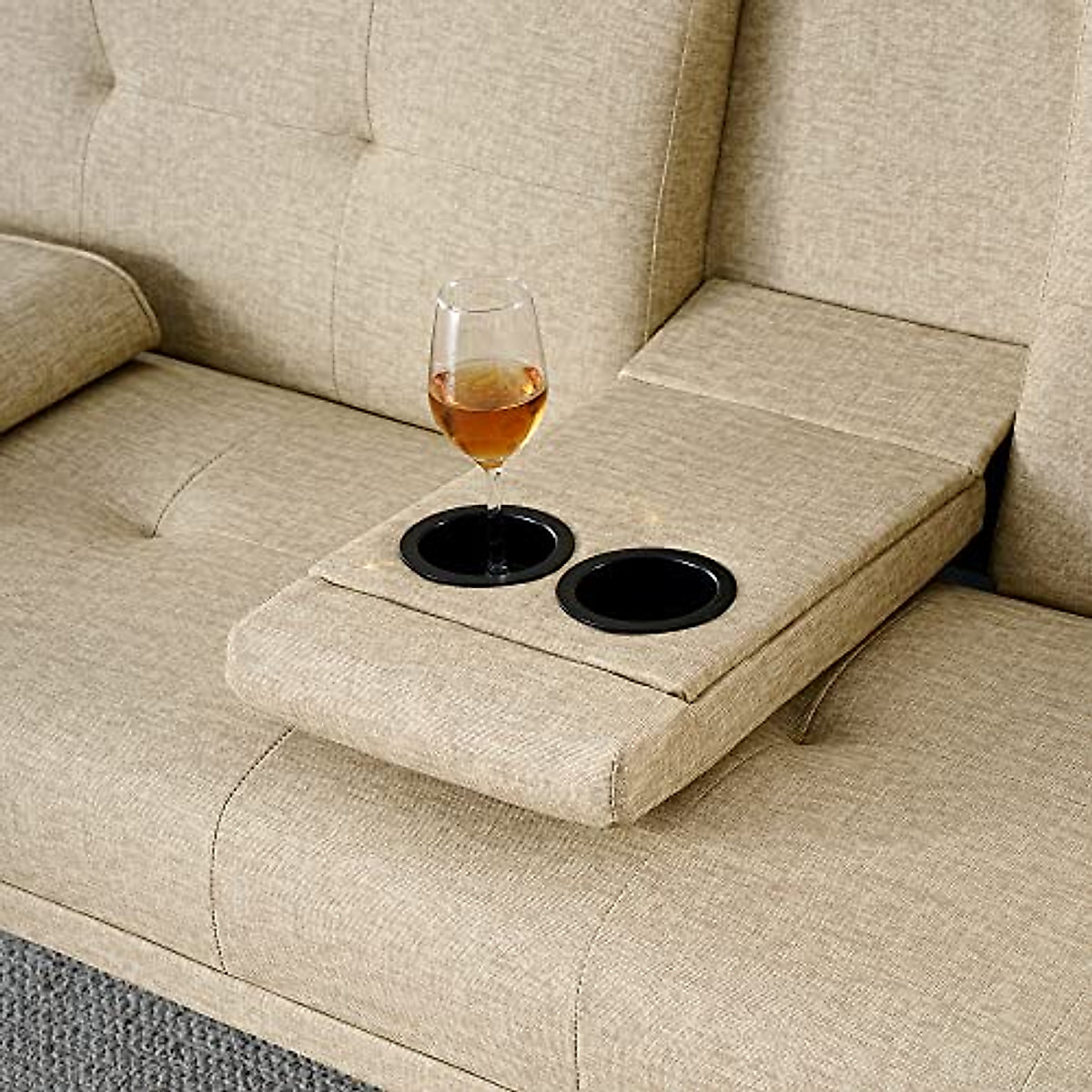 67" Leather Multifunctional Double Convertible Folding Futon Sofa Bed, Adjustable Couch Sleeper Modern for Office with 2 Cupholders, Removable Armrests (Beige)