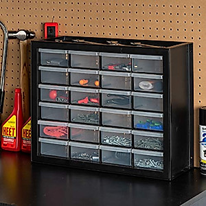 IRIS USA, Inc.IRIS USA Plastic 3-Drawer Desktop Organizer, White, 4 Pack & IRIS USA 24 Drawer Stackable Storage Cabinet for Hardware Crafts and Toys, 19.5-Inch W x 7-Inch D x 15.5-Inch H, Black