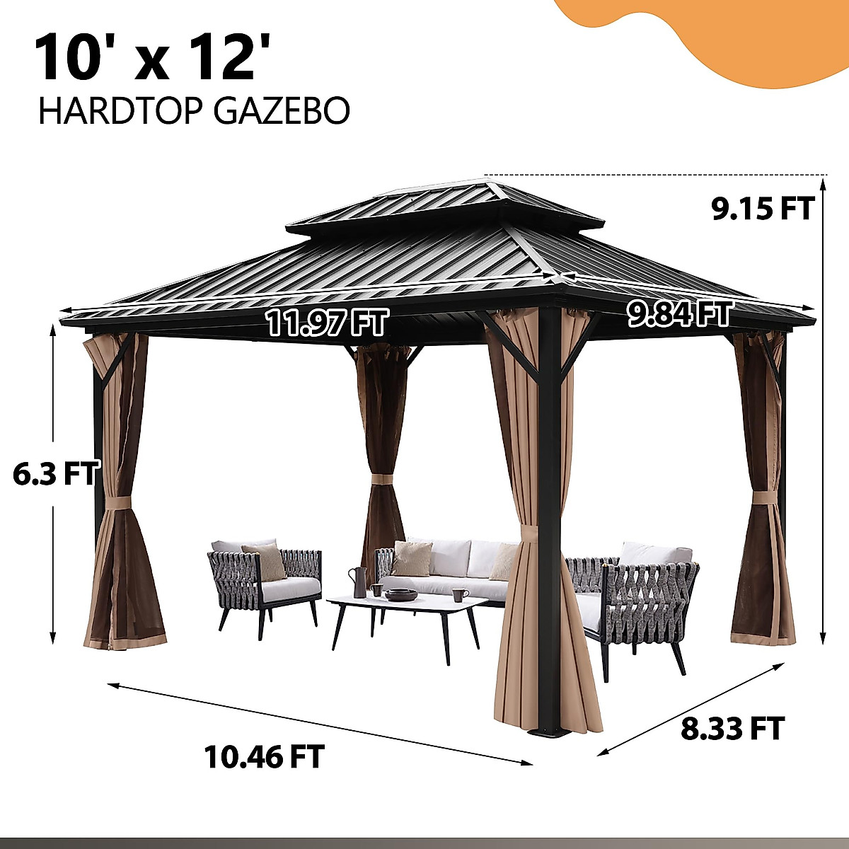 QZEN 10' x 12' Hardtop Gazebo with Netting and Curtains, Double Roof Permanent Metal Gazebo, Aluminum Frame Patio Gazebo for Backyard, Garden, Lawn and Deck