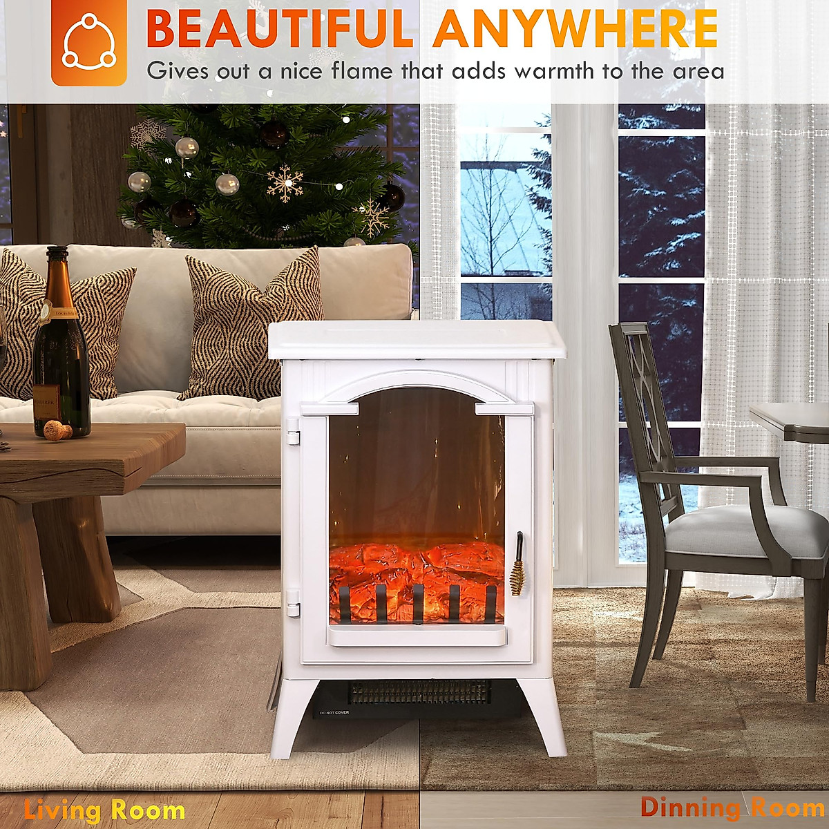 HOMCOM 23" Electric Fireplace Heater, Fire Place Stove with Realistic LED Flames and Logs and Overheating Protection, 750W/1500W, White