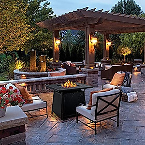 PHI VILLA 28 Inch Gas Fire Pit Table, 50000 BTU Square Outdoor Propane Fire Pit Table with Lid and Blue Fire Glass for Patio, Backyard and Garden, Black