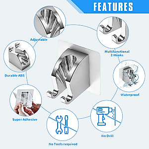 JONKEAN Chrome Handheld Shower Head Holder with 2 Hanger Hooks, Strong Adhesive Shower Head Holder, Adjustable Shower Wand Holder Wall Mount, Bathroom Waterproof Shower Handle Holder No Drill Need