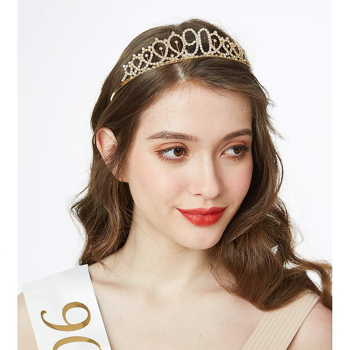 "90 and Fabulous" Sash & Rhinestone Tiara Set - 90th Birthday Gifts Birthday Sash for Women Birthday Party Supplies (White/Gold)