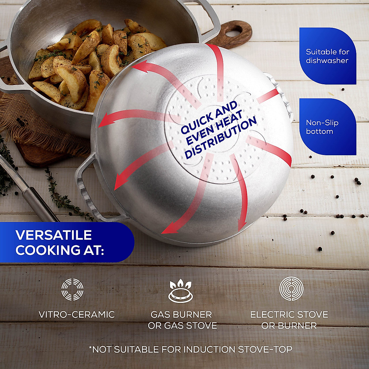 Universal Large Caldero 47 Cups - 17 QT / 16 L, Stainless Aluminum Pot, Even Heat Distribution and Fast Cooking Dutch Oven Pot with Lid, Ergonomic Handles, Ideal for Rice, French Fries, and More