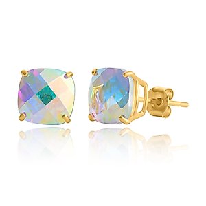 MAX + STONE 14k Yellow Gold 8mm Cushion Cut November Birthstone Mercury Mist Topaz Stud Earrings for Women