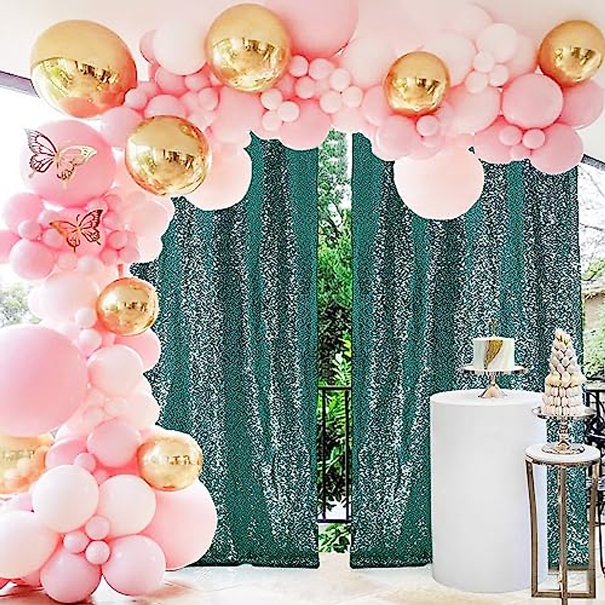 2×8FT-2PCS Hunter Green Sequin Backdrop Curtains Panels, Christmas Green Photography Backdrop Glitter Curtains Fabric Background for Christmas Wedding Party Decor