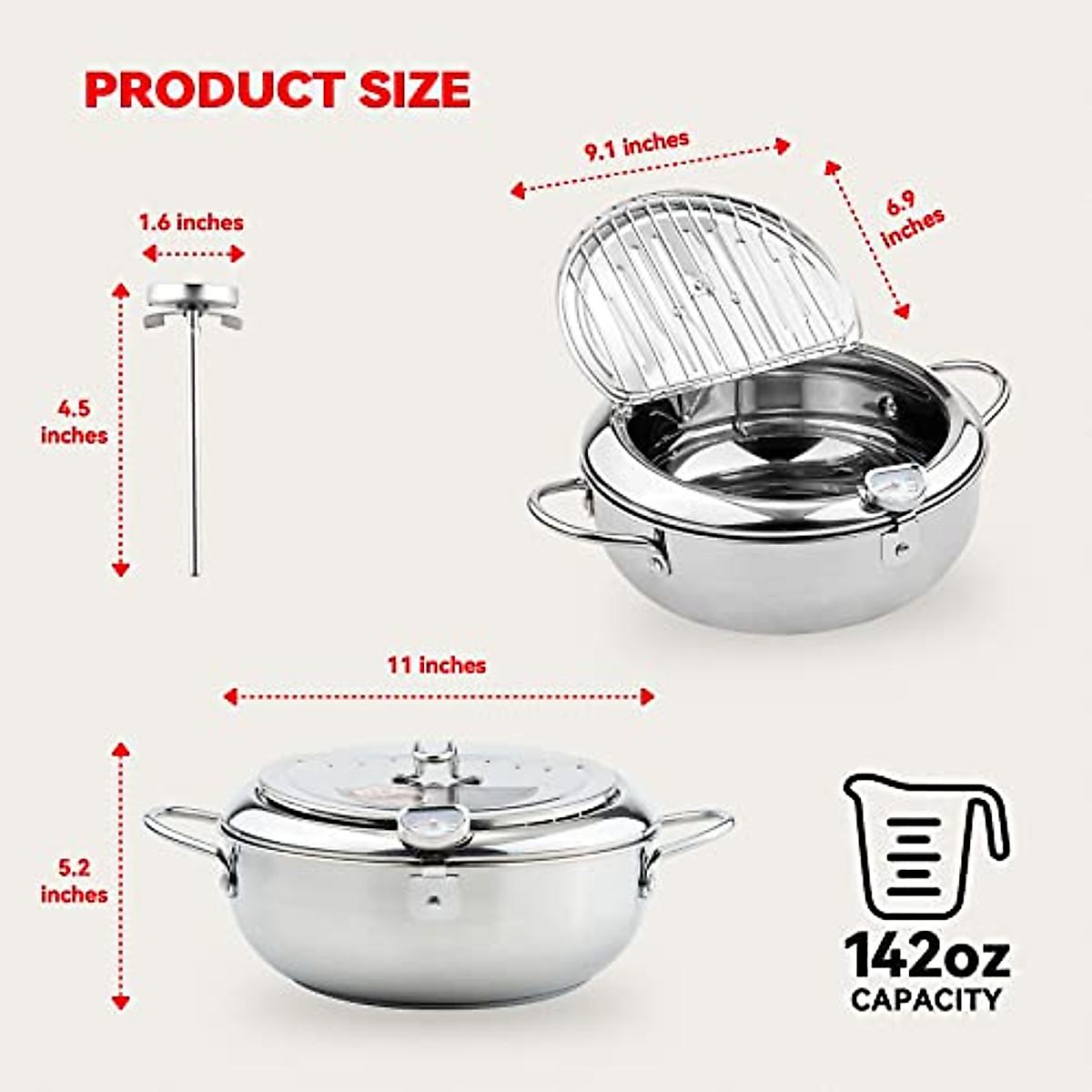 Kerilyn Deep Fryer Pot, 11 Inch/4.2 L Janpanese Style Tempura Frying Pot with Lid, 304 Stainless Steel with Temperature Control and Oil Drip Drainer Rack, for Kitchen French Fries, Chicken etc