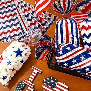 Whaline 160Pcs Patriotic Cellophane Treat Bags Star Wave Stripe Clear Plastic Candy Treat Cello Bags Boys Birthday Party Goodie Gift Bags with Twist Ties for Veterans Memorial Day Party