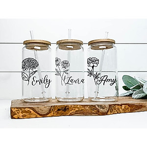 Home and Plan Personalized Birth Flower Jar Cup with Bamboo Lid & Plastic Straw, 16 oz, Bridesmaids, Bachelorette Gifts, Gifts for Mom, Flower Design Tumbler, Iced Coffee Glass