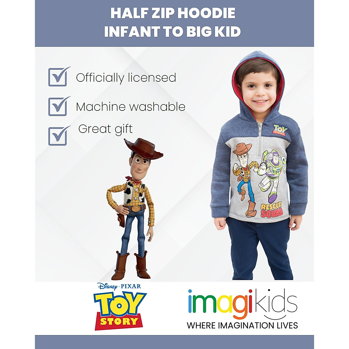 Disney Pixar Toy Story Woody Buzz Lightyear Toddler Boys Fleece Half Zip Hoodie 4T